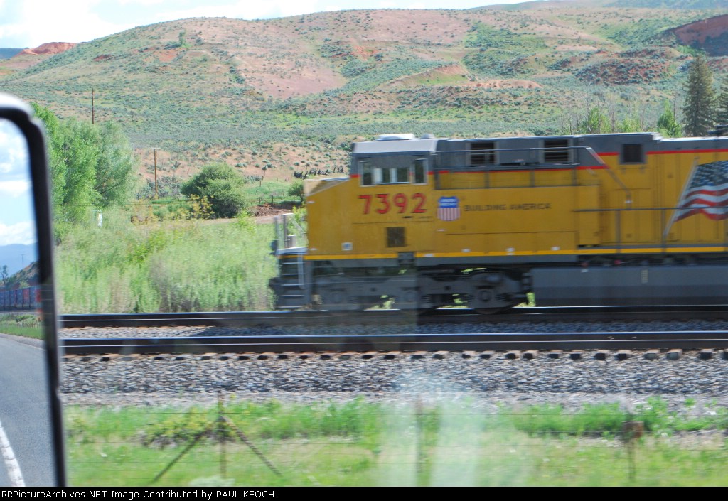 UP 7392 as she rolls east as a rear DPU on a Z-train